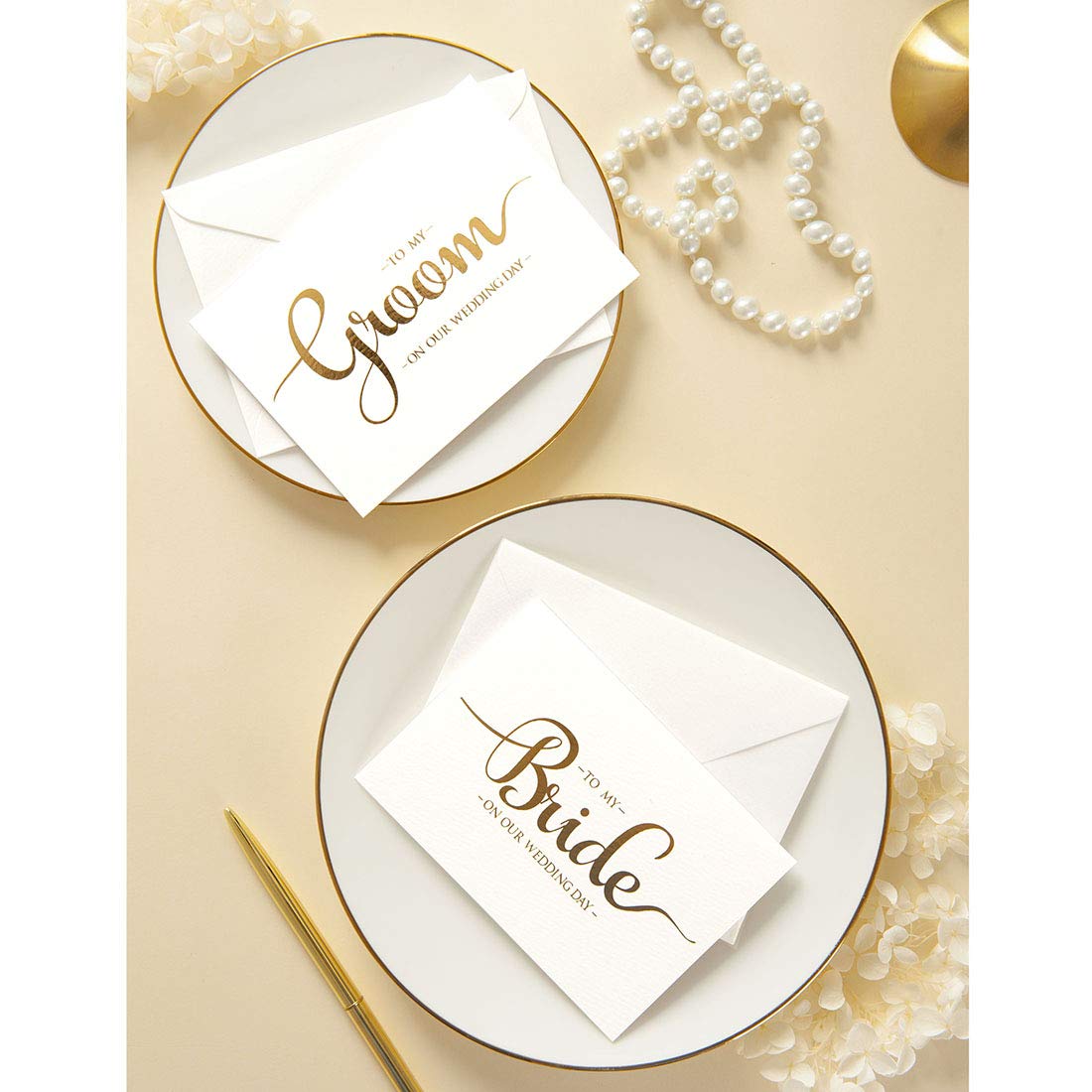 MAGJUCHE Wedding Day Cards Set, Gold Foiled to My Bride and to My Groom Wedding Vow Card with Envelopes