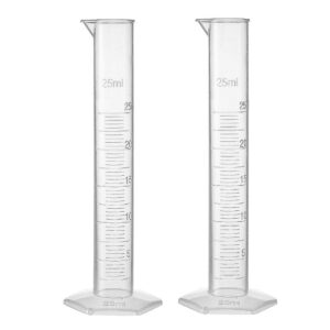 uxcell plastic graduated cylinder, 25ml measuring cylinder, science test tube beakers, single metric scale, clear hex base flask for lab home 2pcs