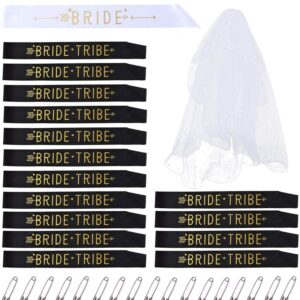 Bride Tribe Bachelorette Party Sash Set: 1 Bride To Be Sash, 15 Bride Tribe(Maid Of Honor Sash), 1 Cascading Veil, 17 Pcs Wedding Decorations Kit For Bridal Shower, Engagement Party Favors & Supplies