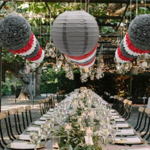 KAXIXI Hanging Party Decorations Set, 15pcs Red Gray White Paper Flowers Pom Poms Balls and Paper Lanterns for Wedding Birthday Bridal Baby Shower Graduation