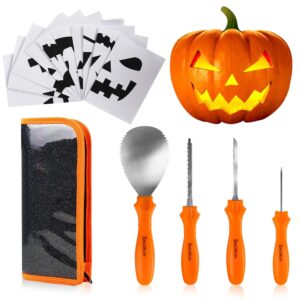 【clearance】pumpkin carving kit - 4 easy halloween pumpkin carving tools set with 10 stencils patterns, professional heavy duty pumpkin carving knife for family party halloween decorations decor