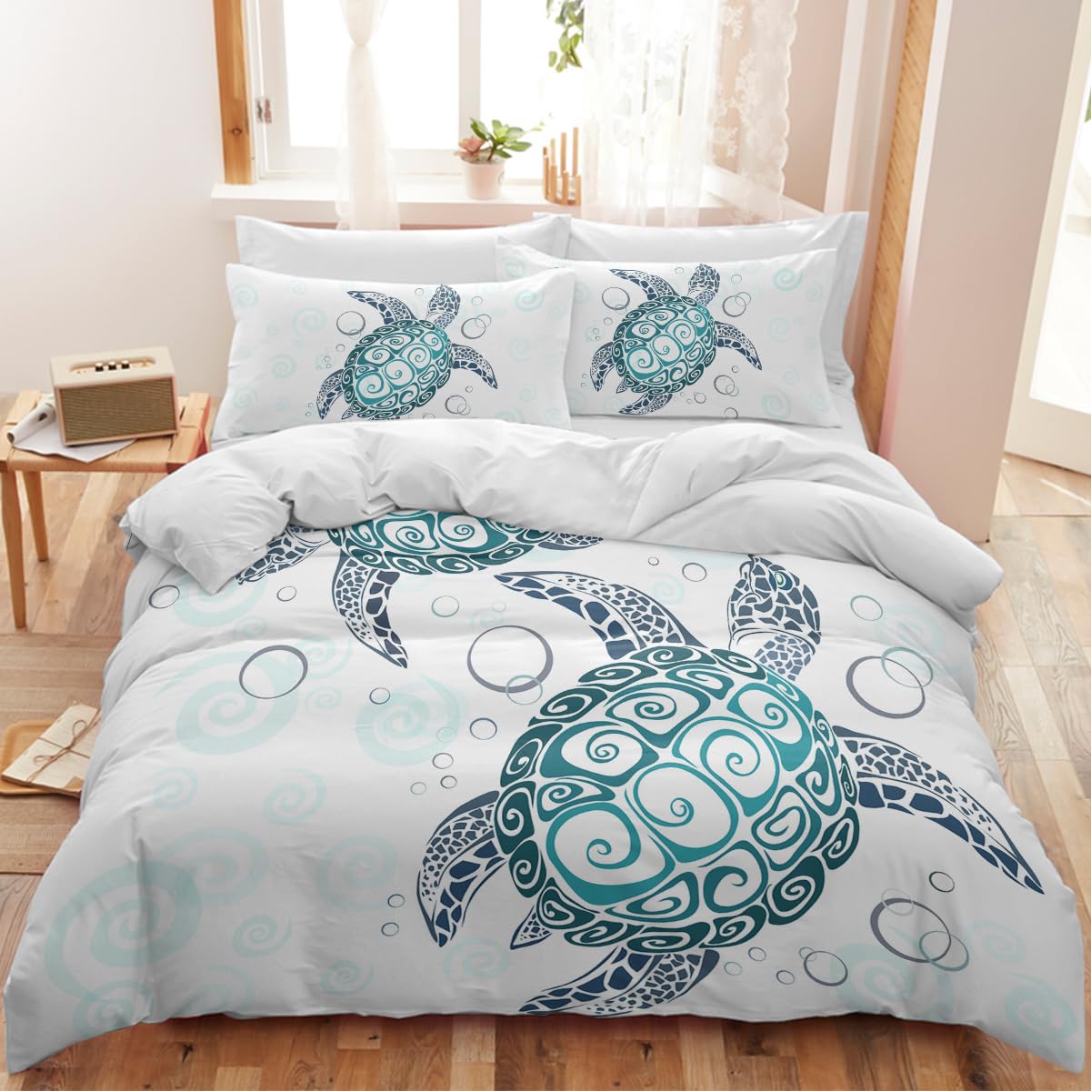 Sleepwish Turtle Bedding Royal Aqua Blue Turtles Duvet Cover 3 Piece Abstract Tortoise Bed Covers Underwater Children Bed Set (King)