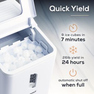 Igloo ICEB26WH Automatic Portable Electric Countertop Ice Maker Machine, 26 Pounds in 24 Hours, 9 Cubes Ready in 7 minutes, With Scoop and Basket, Perfect for Water Bottles, Mixed Drinks, Parties, WHT