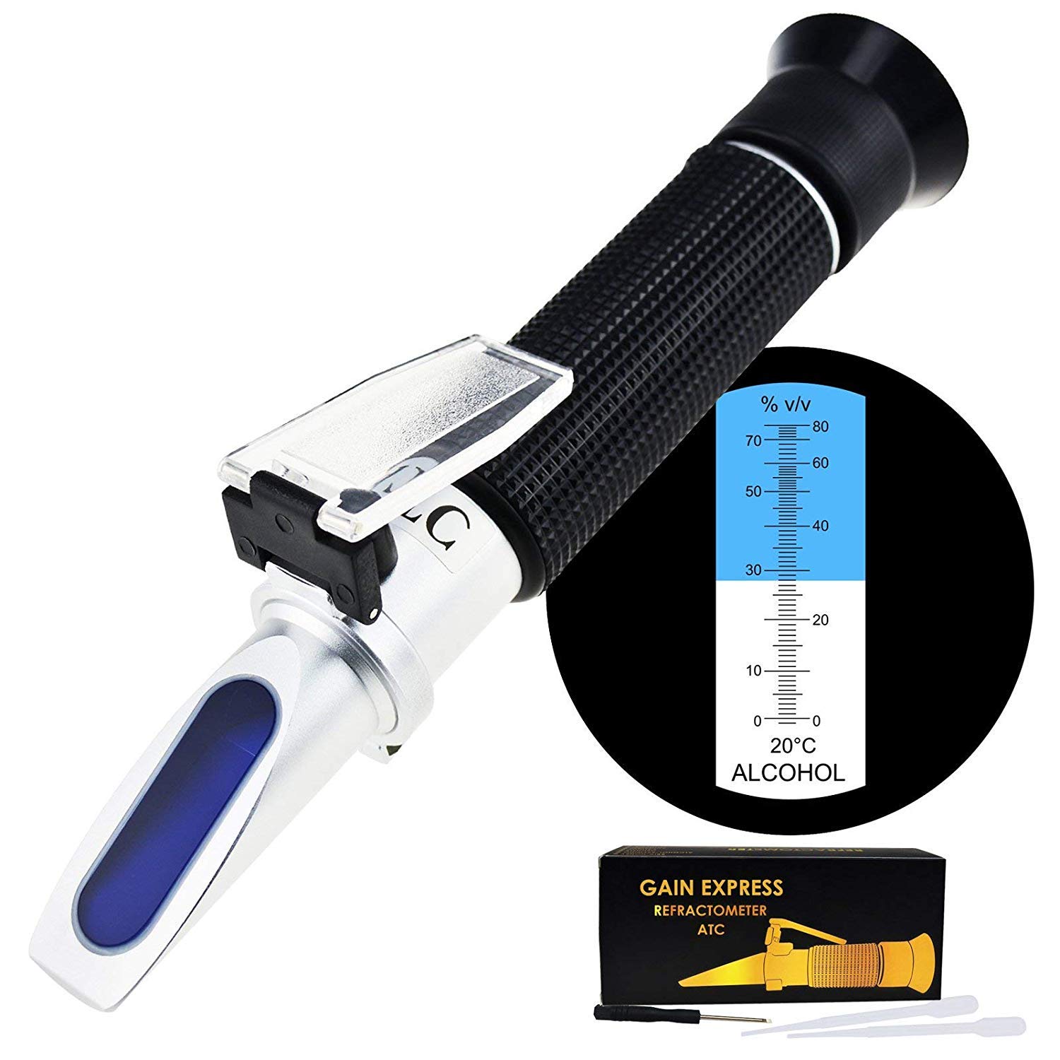 Alcohol Refractometer with ATC 0~80% VOL Volume, Optical Handheld Concentration Tester Meter for Distilled Beverages Making Homebrew