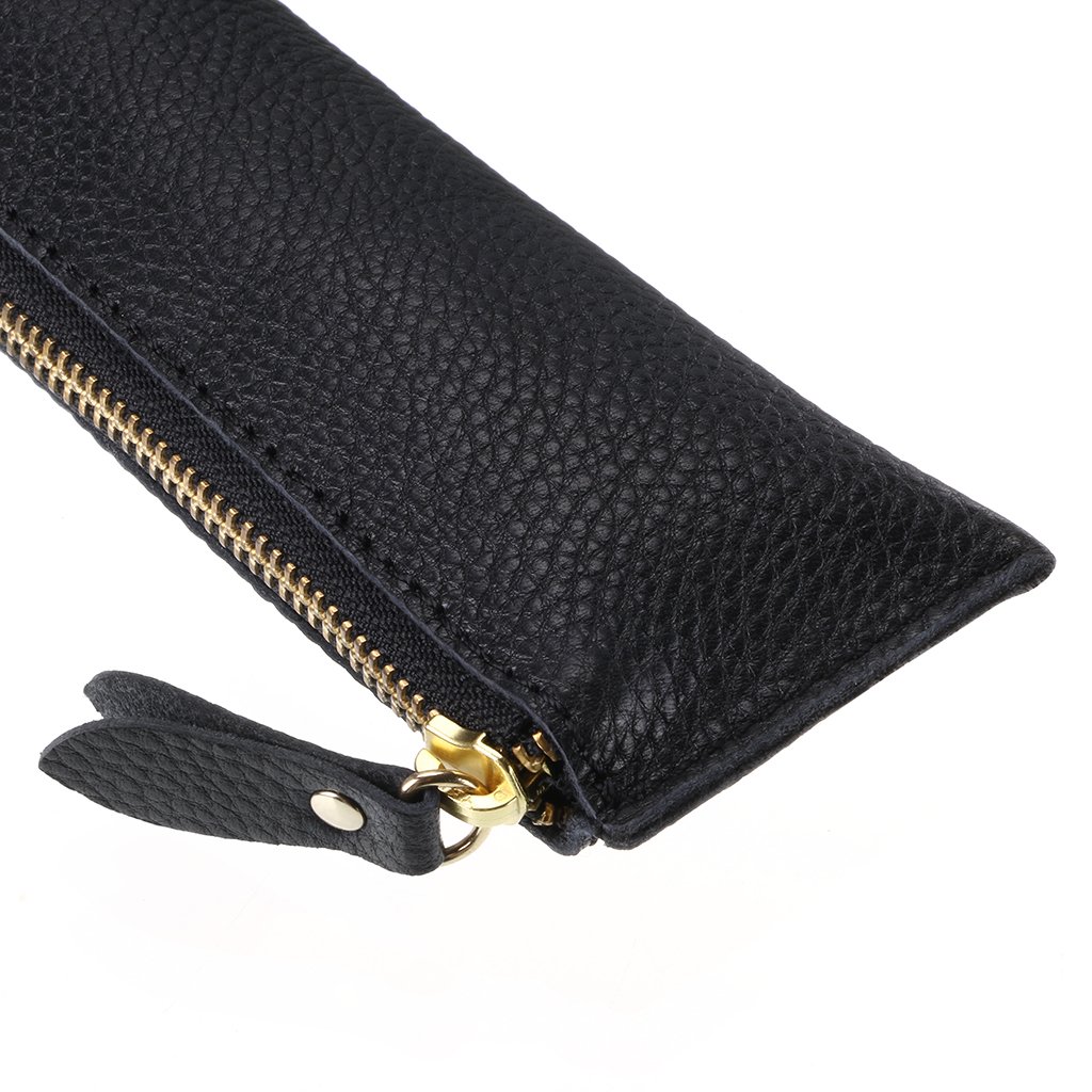 BTSKY Genuine Leather Pencil Case - Zippered Pen Case Stationery Bag Zipper Pouch Pencil Holder (New Black)