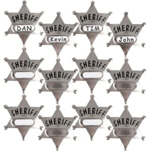 metal sheriff badges - (pack of 24) silver star name badges with stickers for personalized names, western cowboy dress up deputy's badge toys for kids birthday party favors, giveaways & more