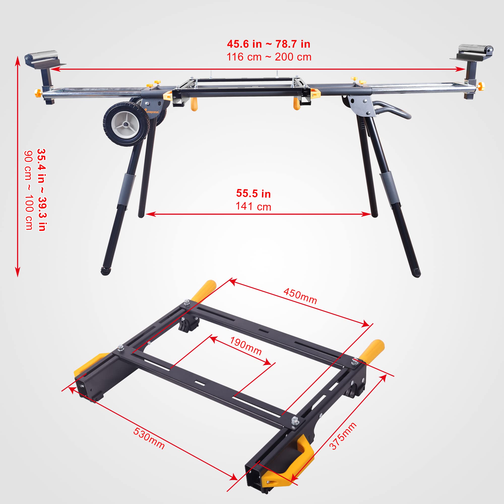 Deluxe Heavy Duty Rolling Miter Saw Stand with 8 in Wheels 330 Lbs Load Capacity Black and Grey Single Pack WK-MS029E-2