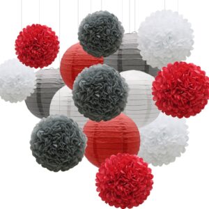 kaxixi hanging party decorations set, 15pcs red gray white paper flowers pom poms balls and paper lanterns for wedding birthday bridal baby shower graduation