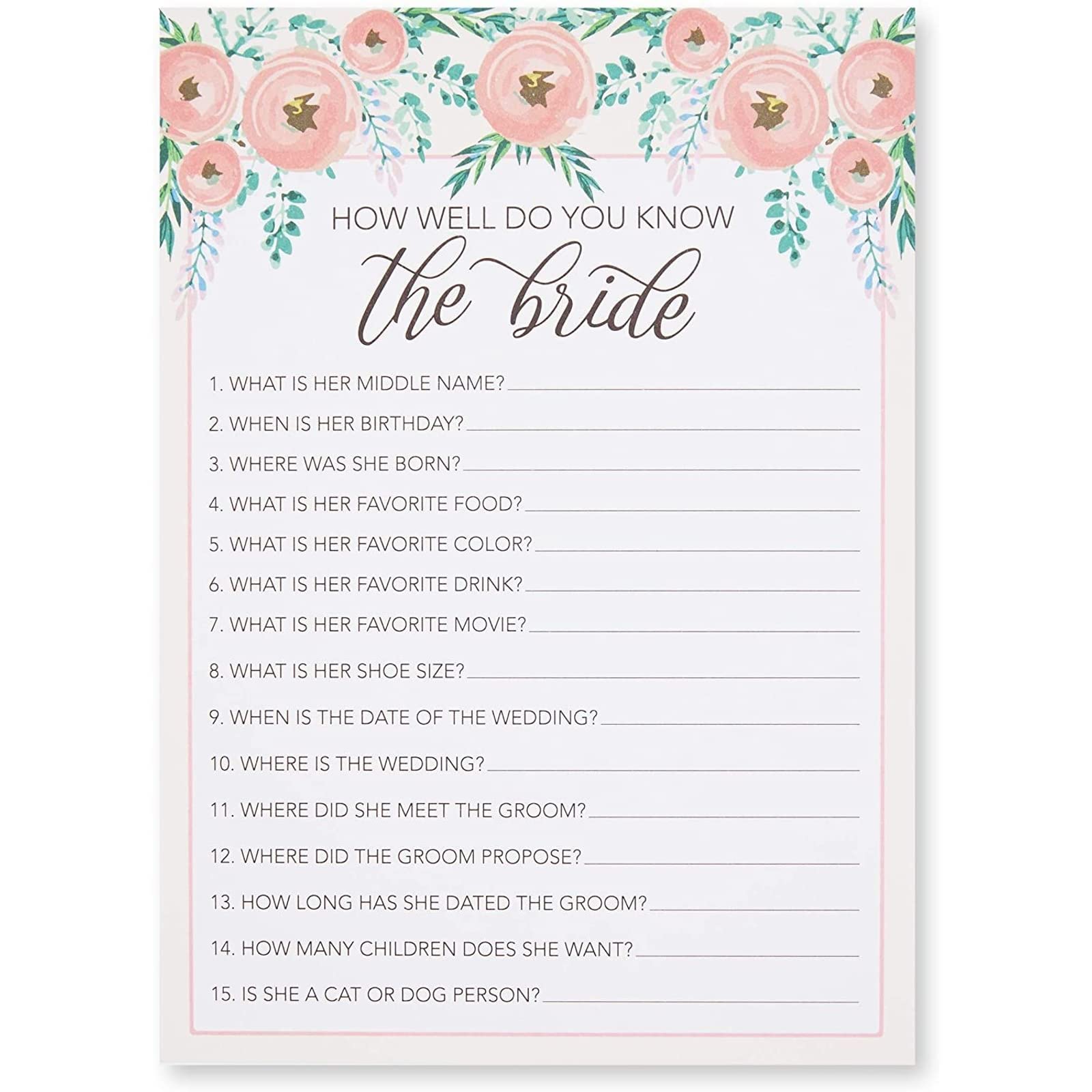 Juvale Set of 5 Bridal Shower Games for 50 Guests, Wedding and Engagement Party Activities, Pink Floral Design