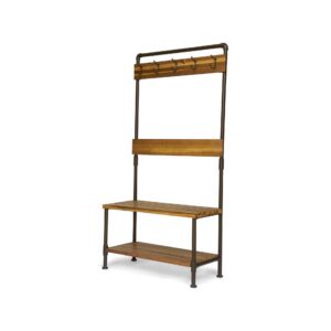 gdfstudio outdoor industrial acacia wood bench with shelf and coat hooks, teak finish