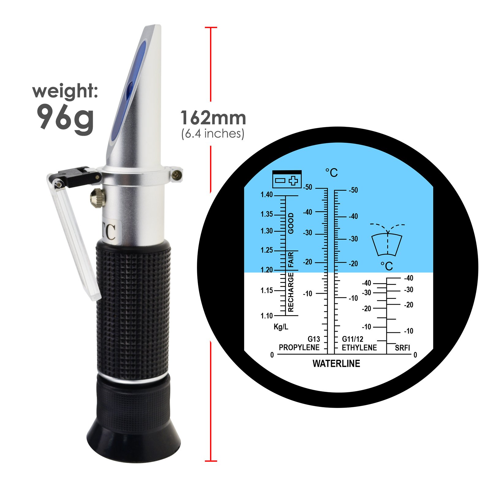 5-in-1 Automotive Battery Antifreeze Refractometer ATC for Specific Gravity, Ethylene Propylene Glycol System & Windshield Screenwash Fluid, Freezing Point Measurement Tester Meter Coolant Condition