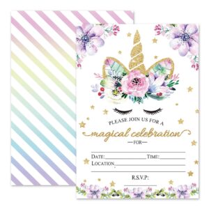 outego magical unicorn birthday invitations, glitter unicorn invitations with envelopes for kids birthday (24 pack)