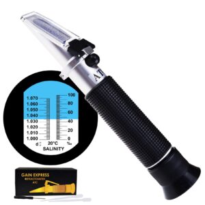 gain express dual scale salinity refractometer atc 0-100ppt (0-10%) & 1.000-1.070 specific gravity, portable meter tester for seawater salt sea water aquarium brackish reef tank marine