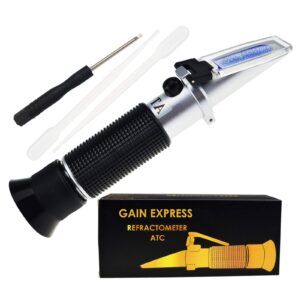 gain express 0-32% brix refractometer atc high-concentrated sugar solution content test tool 0.2% division, homebrew tester meter, brandy beer fruits vegetables juices soft drinks