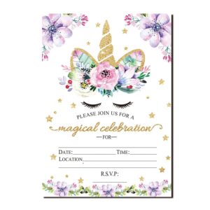 Outego Magical Unicorn Birthday Invitations, Glitter Unicorn Invitations with Envelopes for Kids Birthday (24 Pack)