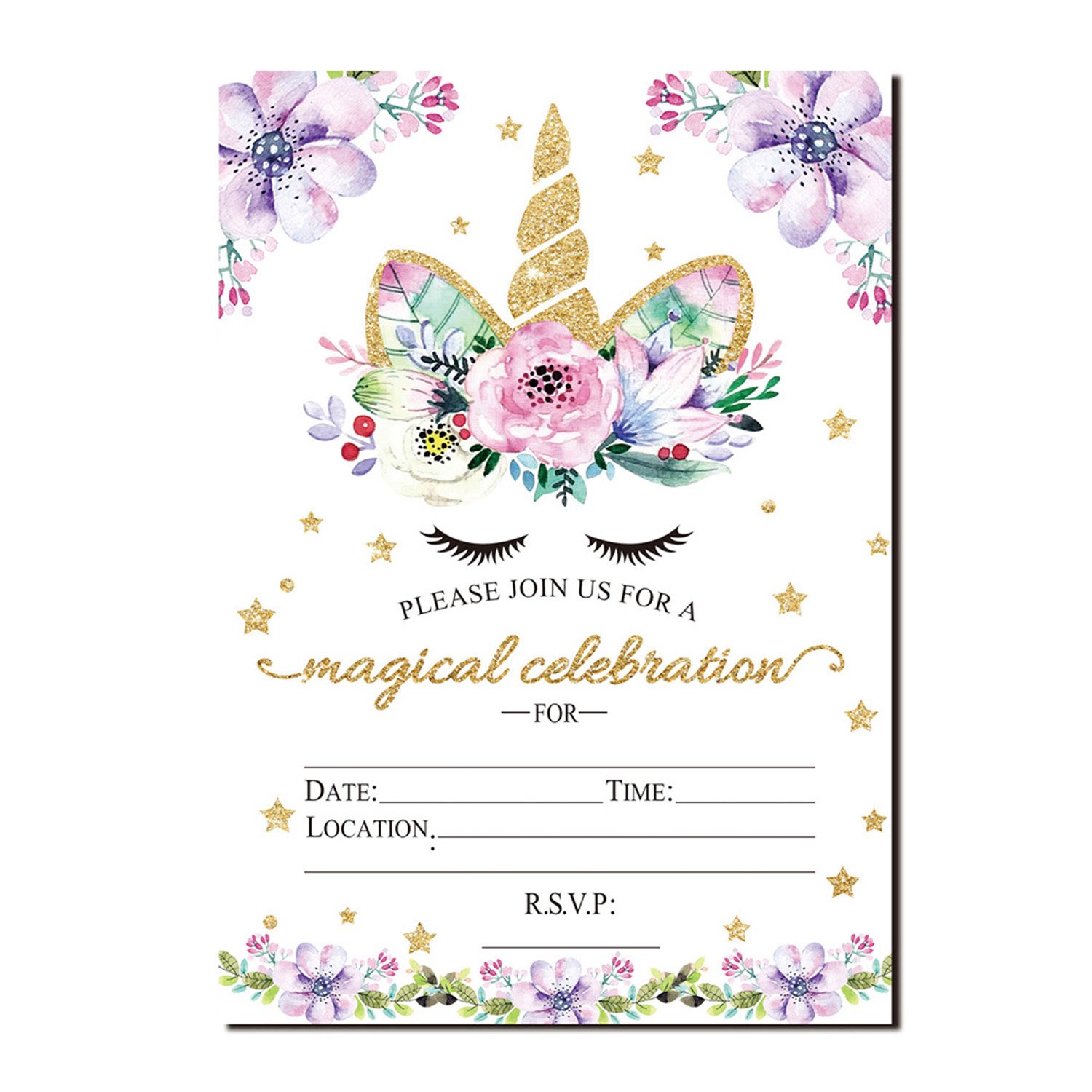 Outego Magical Unicorn Birthday Invitations, Glitter Unicorn Invitations with Envelopes for Kids Birthday (24 Pack)