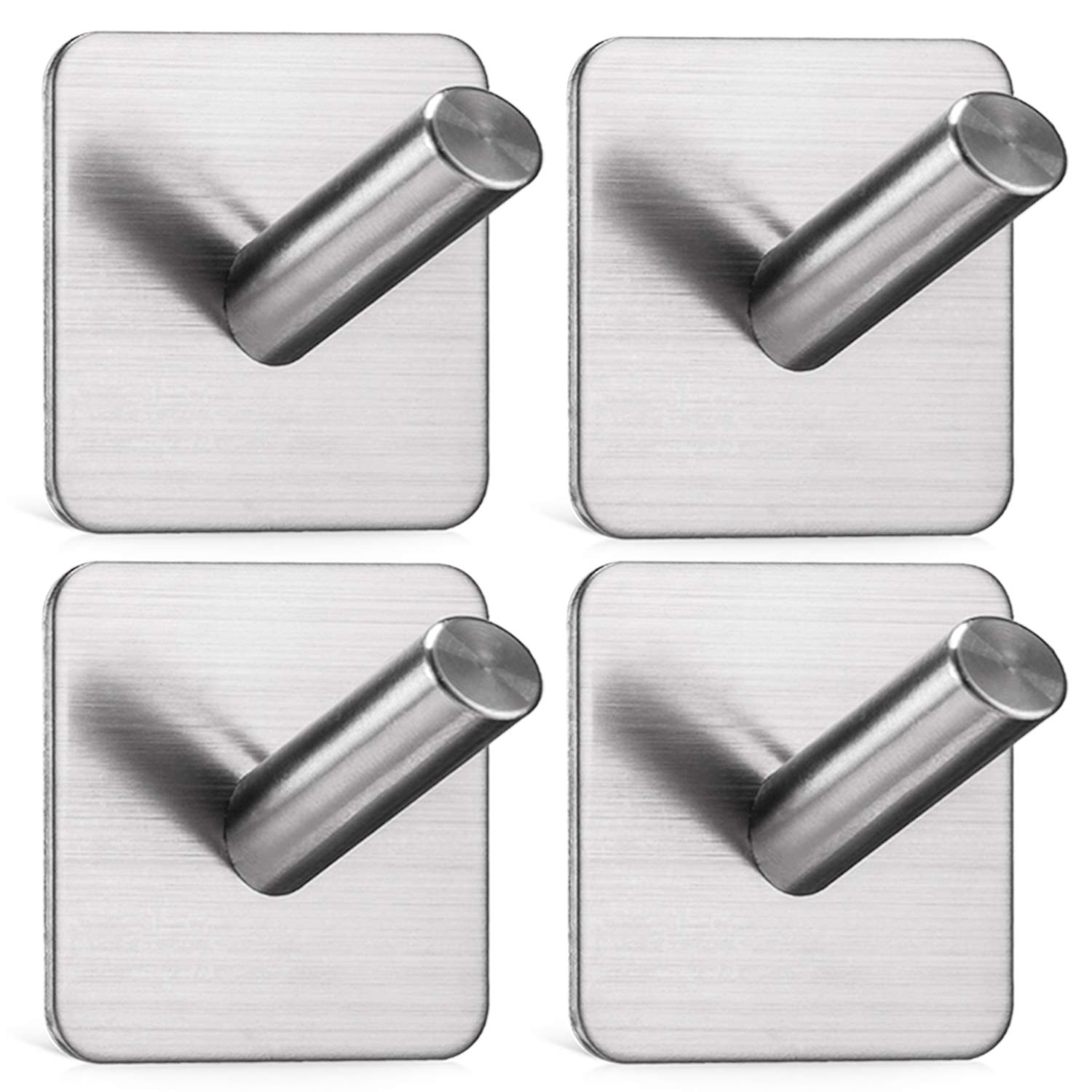 Jekoo Adhesive Wall Hooks Heavy Duty Hooks for Hanging Wall Hangers Stick on Shower Home Bathroom Kitchen Door Ideal for Robes, Umbrellas, Clothes, Bags, Coats, Keys - Stainless Steel - 4 Packs