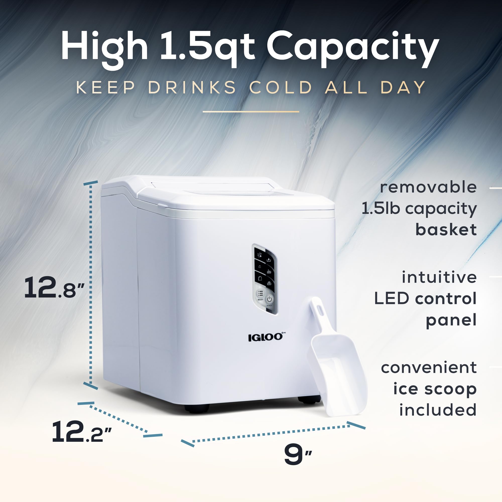 Igloo ICEB26WH Automatic Portable Electric Countertop Ice Maker Machine, 26 Pounds in 24 Hours, 9 Cubes Ready in 7 minutes, With Scoop and Basket, Perfect for Water Bottles, Mixed Drinks, Parties, WHT