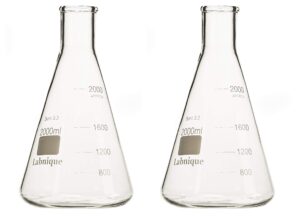 labnique borosilicate 3.3 glass conical flask, erlenmeyer flask with narrow mouth, graduated, double boxed, 2000ml (pack of 2)