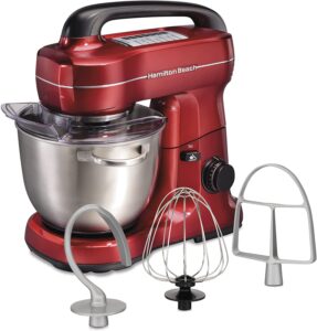 hamilton beach electric stand mixer, 4 quarts, dough hook, flat beater attachments, splash guard 7 speeds with whisk, red