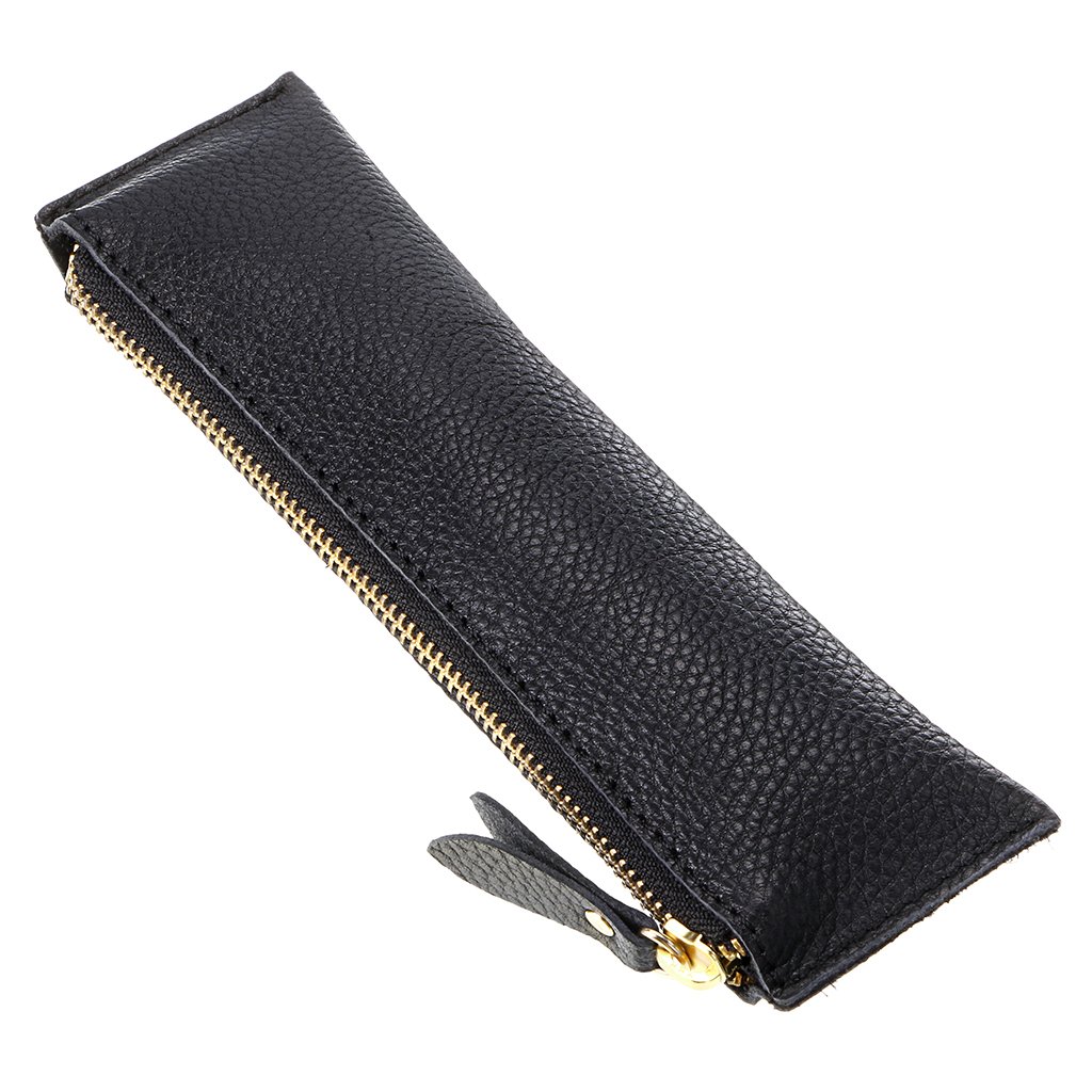 BTSKY Genuine Leather Pencil Case - Zippered Pen Case Stationery Bag Zipper Pouch Pencil Holder (New Black)