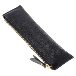 btsky genuine leather pencil case - zippered pen case stationery bag zipper pouch pencil holder (new black)