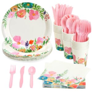 juvale 144 piece watercolor tea party supplies with pink floral paper plates, napkins, cups, and cutlery, disposable tableware set for girls baby shower, wedding (serves 24)