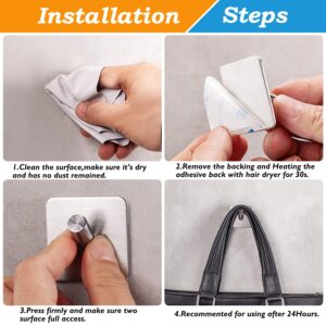 Jekoo Adhesive Wall Hooks Heavy Duty Hooks for Hanging Wall Hangers Stick on Shower Home Bathroom Kitchen Door Ideal for Robes, Umbrellas, Clothes, Bags, Coats, Keys - Stainless Steel - 4 Packs