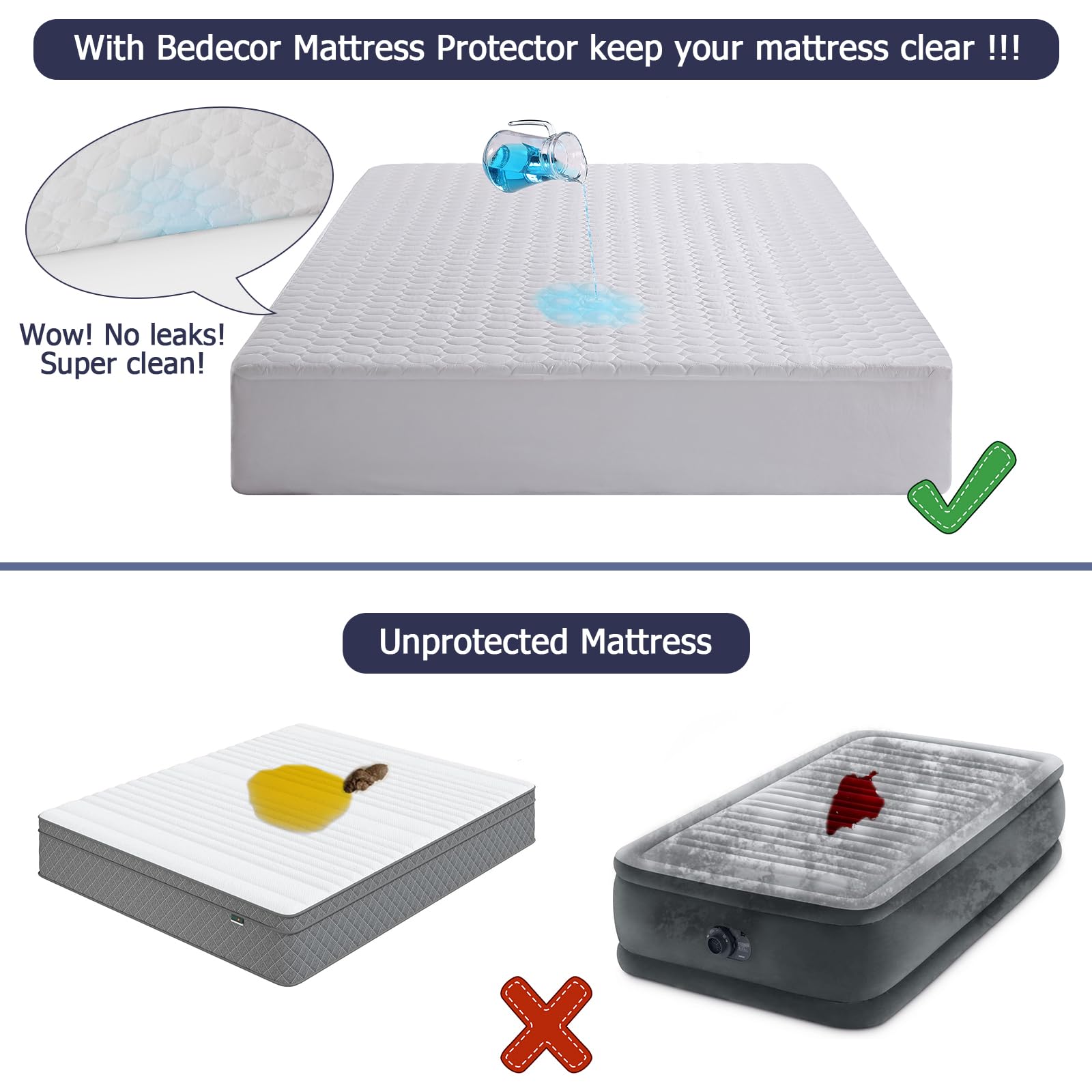 Bedecor Queen Mattress Protector Pad Waterproof Fitted Sheet 18 Inch Deep Pocket Air Mattress Cover Bedwetting Pee Stain Proof Kids Potty Training Incontinence