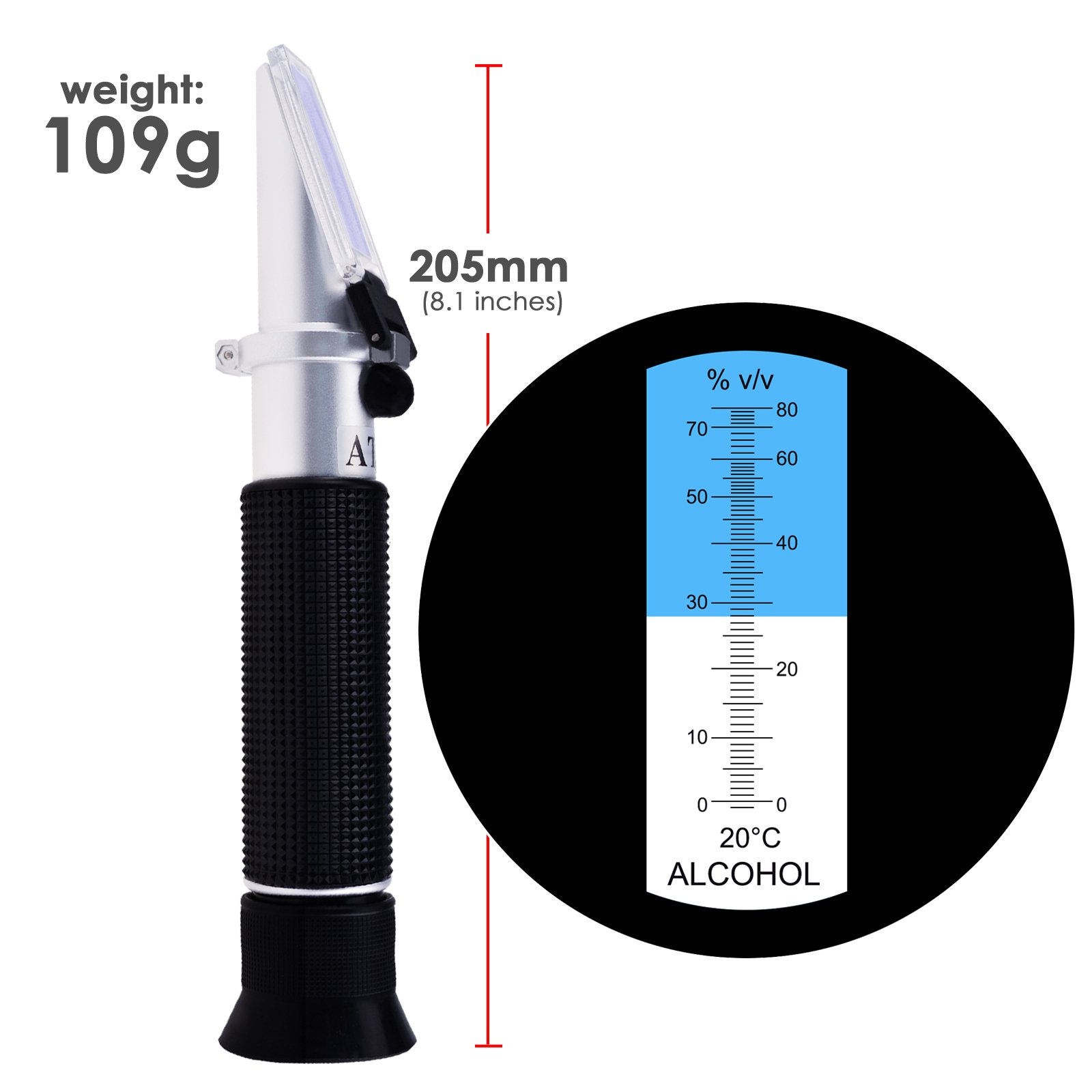 Alcohol Refractometer with ATC 0~80% VOL Volume, Optical Handheld Concentration Tester Meter for Distilled Beverages Making Homebrew