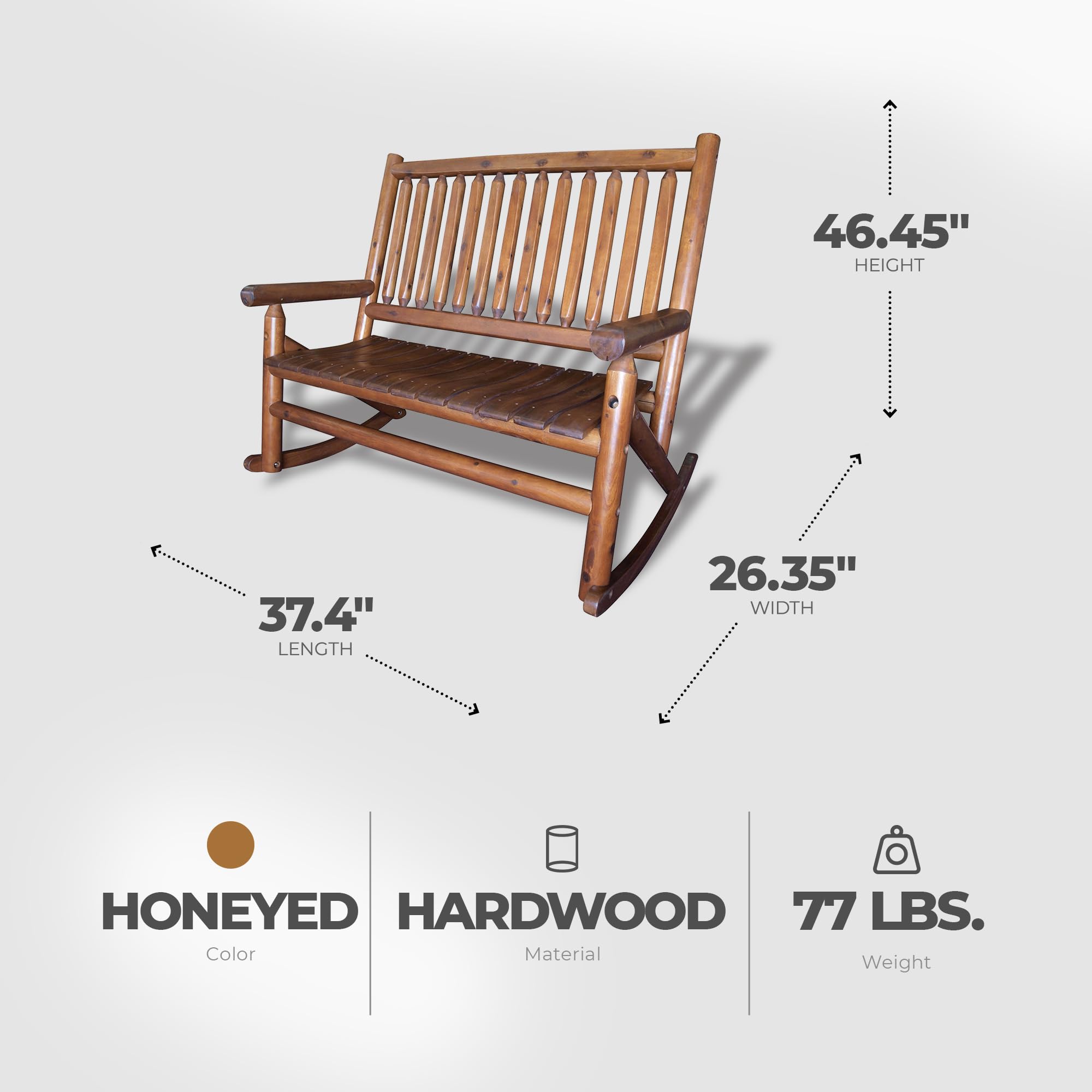 Leigh Country Double Porch Rocking Chair with Curved Seat Slats, Wide Seat, and Stained Finish for Lawn, Garden, and Patio Spaces, Honey