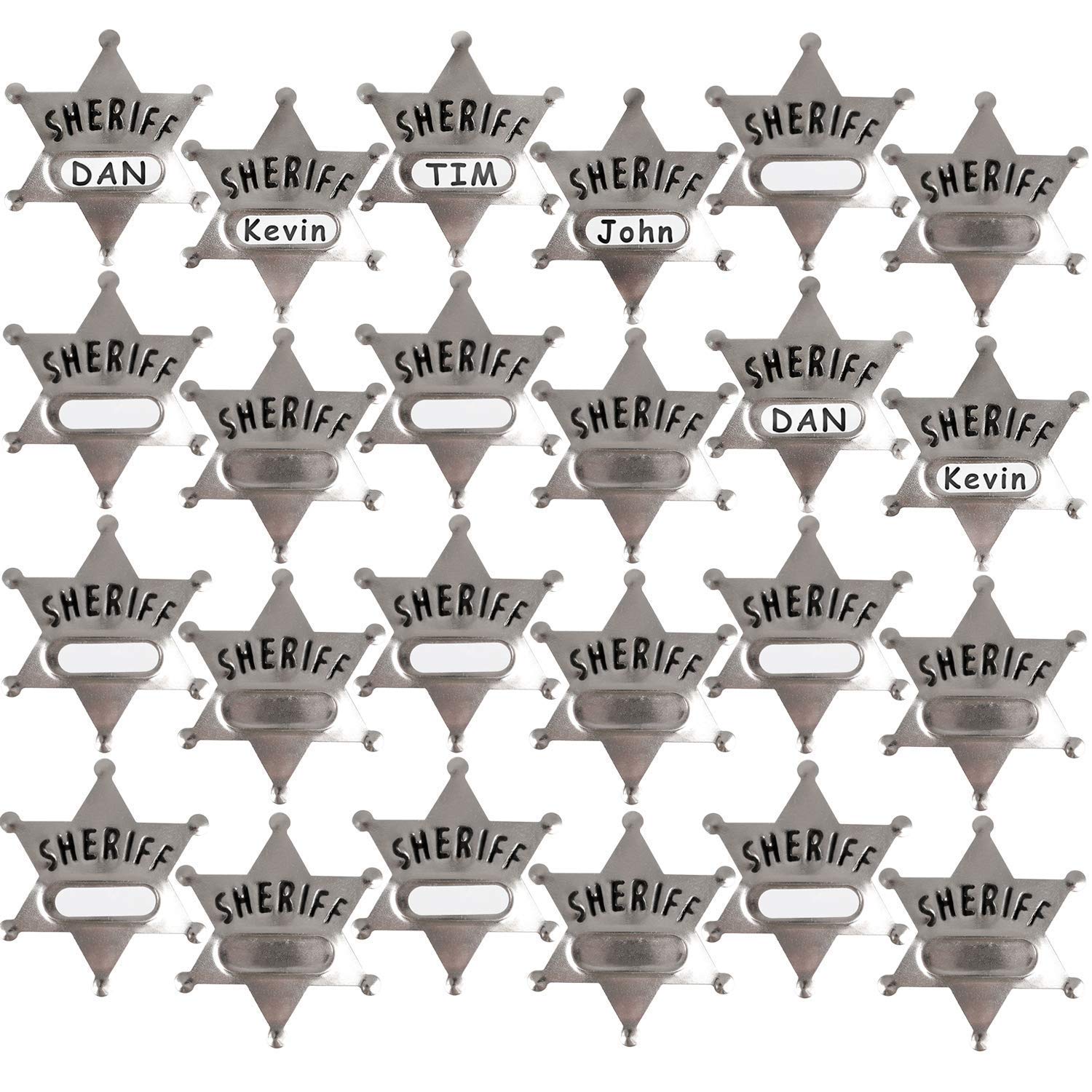 Metal Sheriff Badges - (Pack of 24) Silver Star Name Badges with Stickers for Personalized Names, Western Cowboy Dress Up Deputy's Badge Toys for Kids Birthday Party Favors, Giveaways & More