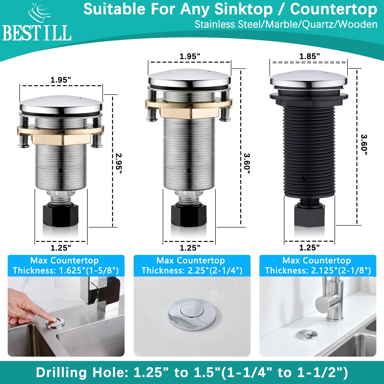 BESTILL Sink Top Garbage Disposal Air Switch Kit with Single Outlet, UL Listed, Chrome Long Push Button with Brass Cover