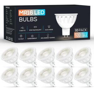 torkase 10 pack mr16 led bulbs, 5w 12v, gu5.3 bi-pin base, 40 degree spot light, 50-watt equivalent, 500-lumen, non-dimmable, 3000k warm white landscape track lighting