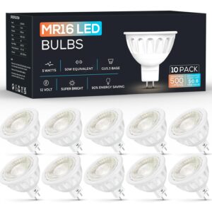 Torkase 10 Pack MR16 LED Bulbs, 5W 12V, GU5.3 Bi-Pin Base, 40 Degree Spot Light, 50-Watt Equivalent, 500-Lumen, Non-Dimmable, 3000K Warm White Landscape Track Lighting