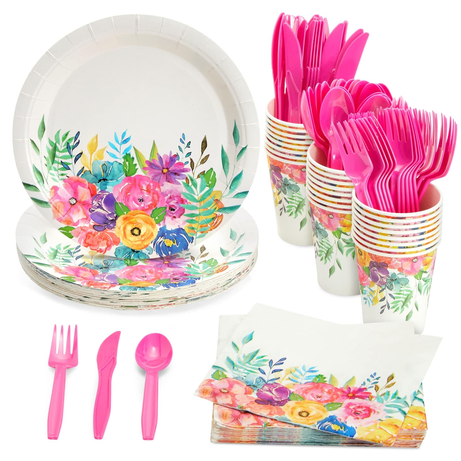 Juvale 144-Piece Tea Party Supplies - Floral Paper Plates, Napkins, Cups and Cutlery for Bridal Shower, Wedding, Girls Baby Shower (Serves 24)