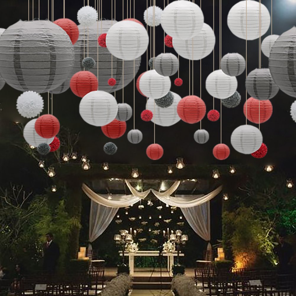 KAXIXI Hanging Party Decorations Set, 15pcs Red Gray White Paper Flowers Pom Poms Balls and Paper Lanterns for Wedding Birthday Bridal Baby Shower Graduation