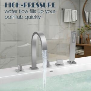 Roman Bathtub Faucet Set with Handheld Sprayer and Rough-in Valve Widespread Deck Mount 5 Hole Classic High Arch Tub Faucets Trim Kit 3 Handle with Diverter Lever Bath Tub Filler (Black)