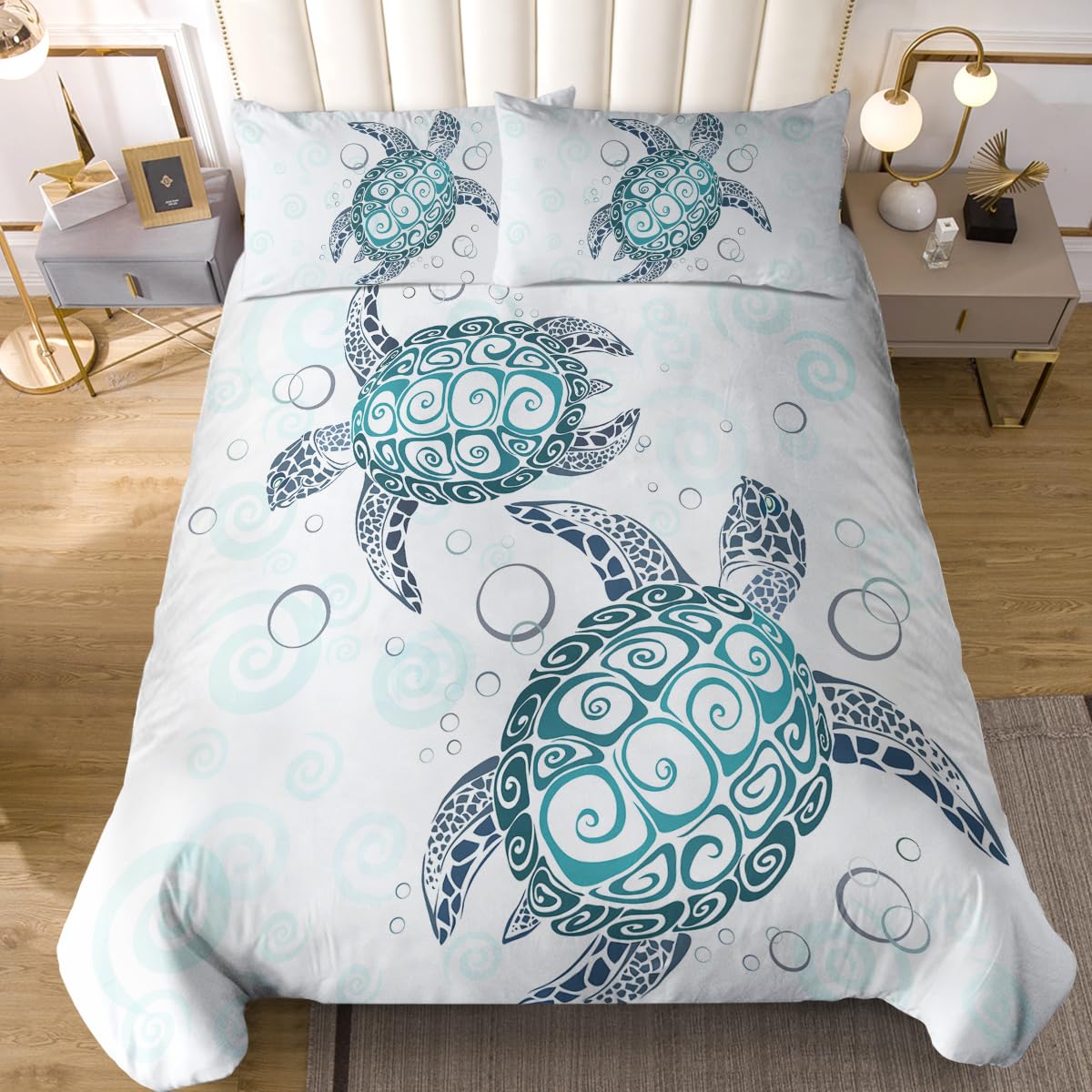 Sleepwish Turtle Bedding Royal Aqua Blue Turtles Duvet Cover 3 Piece Abstract Tortoise Bed Covers Underwater Children Bed Set (King)