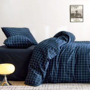 Wake In Cloud - Grid Cotton Duvet Cover Set, Plaid Checkered Geometric Farmhouse, 100% Washed Cotton Textured Percale Bedding Set, 3 Pieces, Navy Blue, Twin Size