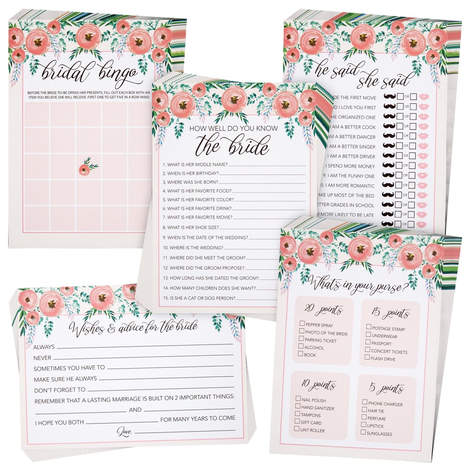 Juvale Set of 5 Bridal Shower Games for 50 Guests, Wedding and Engagement Party Activities, Pink Floral Design