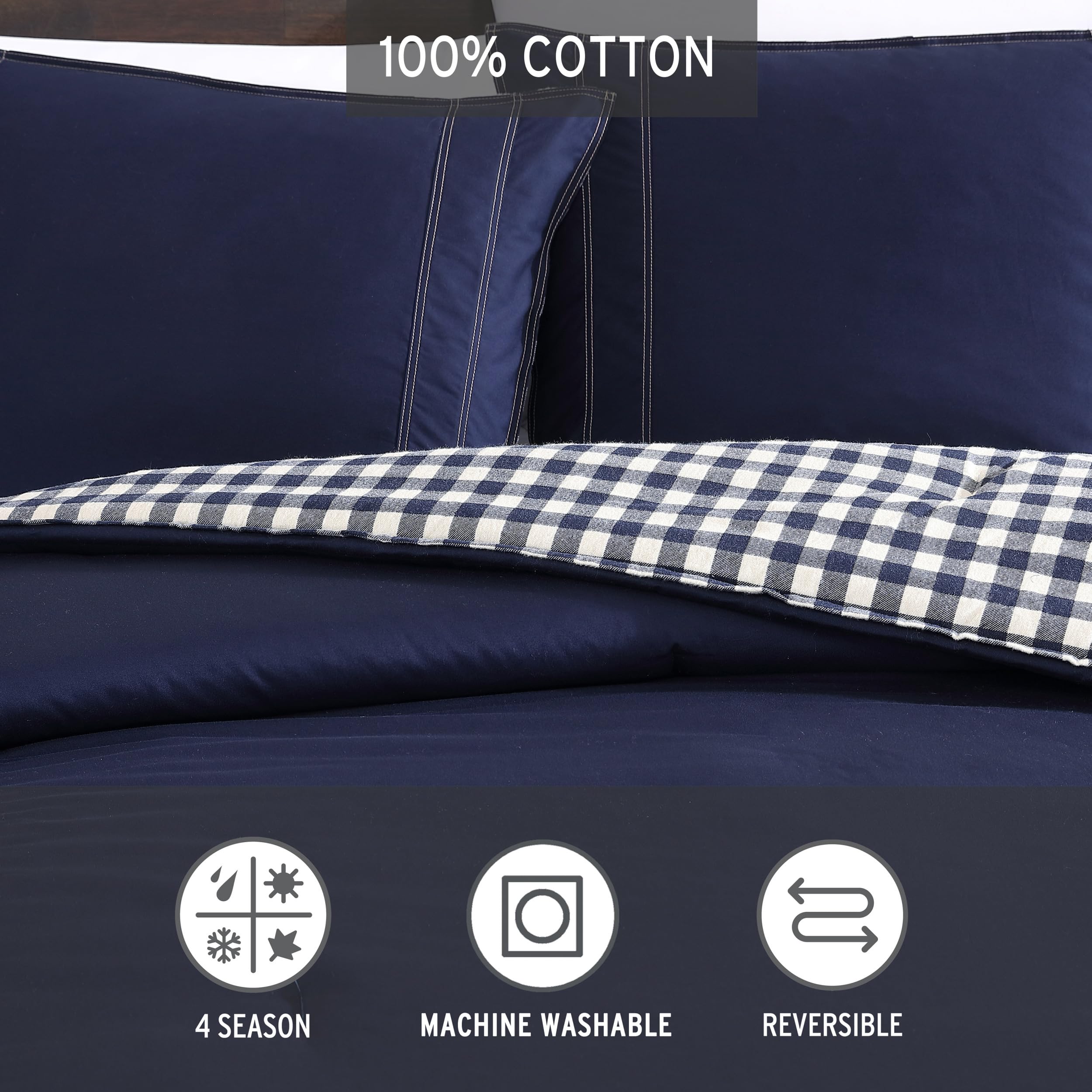 Eddie Bauer - Queen Duvet Cover Set, Cotton Reversible Bedding with Matching Shams, Stylish Home Decor (Kingston Navy, Queen)