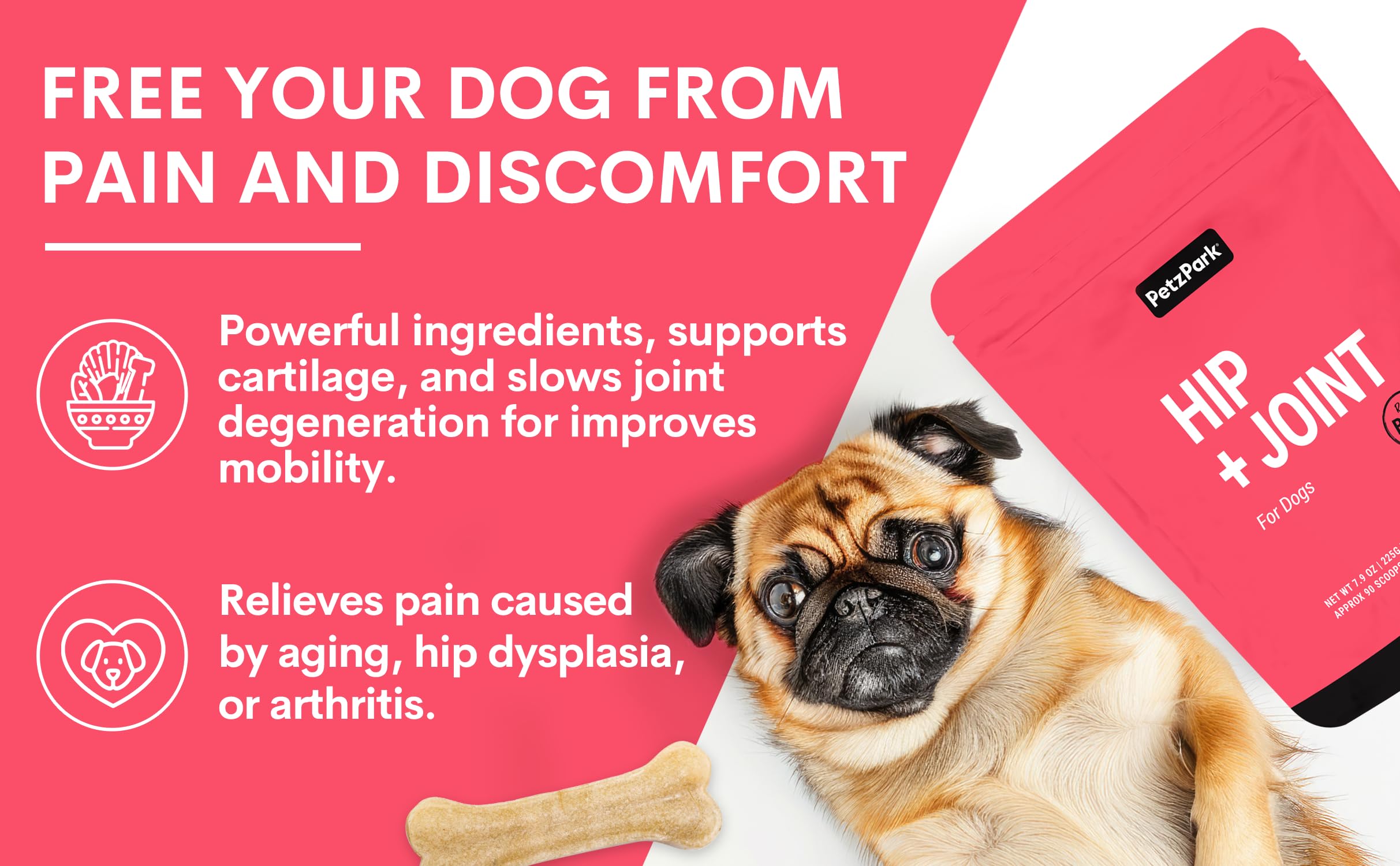 Petz Park Glucosamine for Dogs - Hip & Joint Support Powder with Chondroitin & MSM - Arthritis Pain Relief, Hip Dysplasia Treatment - 800mg Glucosamine - 90 Scoops