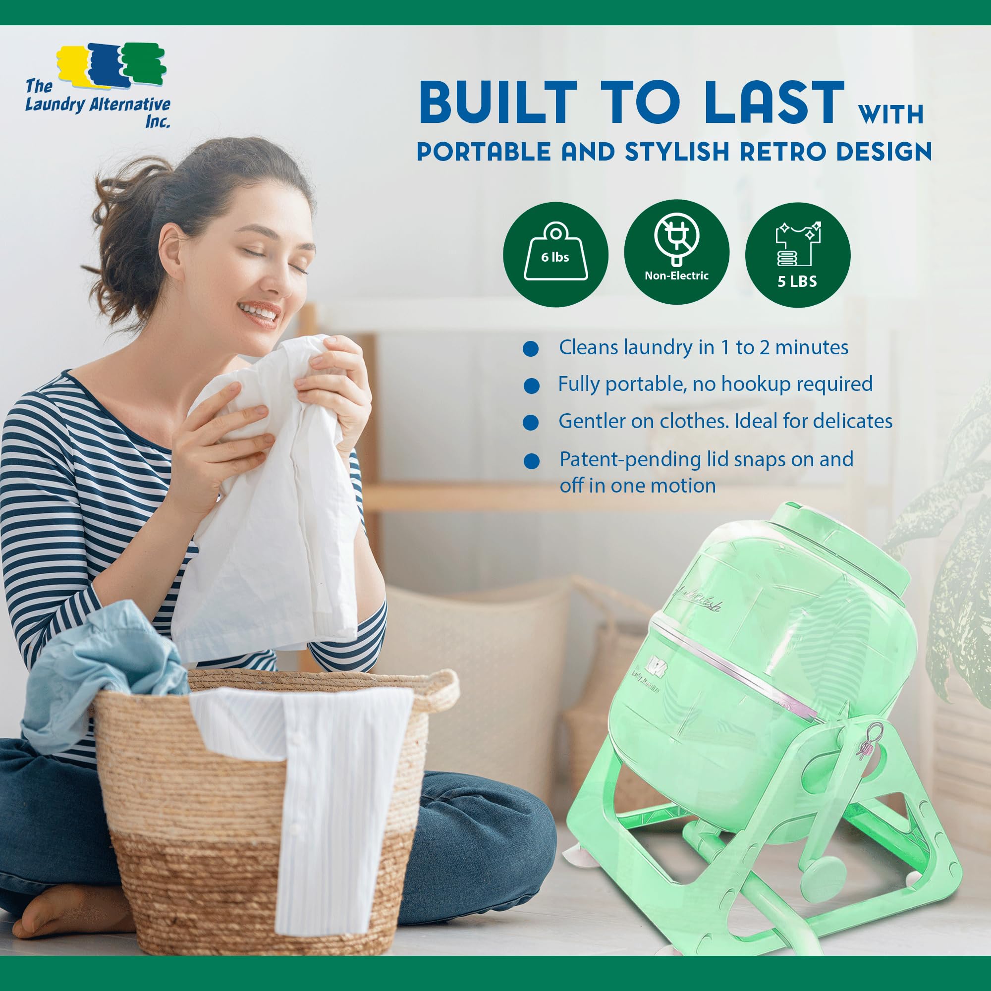 WonderWash Portable Washing Machine for Apartment & Tiny Spaces - Manual Hand Clothes Washer with Retro Design - Clean Laundry Anywhere with Our Countertop, Non-Electric, Small Washer - Mint Green