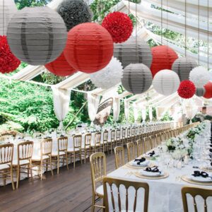 KAXIXI Hanging Party Decorations Set, 15pcs Red Gray White Paper Flowers Pom Poms Balls and Paper Lanterns for Wedding Birthday Bridal Baby Shower Graduation