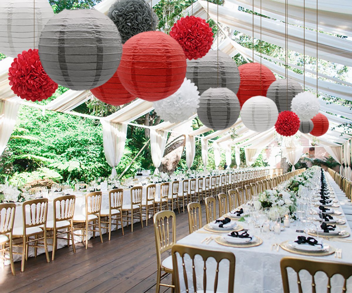 KAXIXI Hanging Party Decorations Set, 15pcs Red Gray White Paper Flowers Pom Poms Balls and Paper Lanterns for Wedding Birthday Bridal Baby Shower Graduation