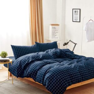 wake in cloud - grid cotton duvet cover set, plaid checkered geometric farmhouse, 100% washed cotton textured percale bedding set, 3 pieces, navy blue, twin size