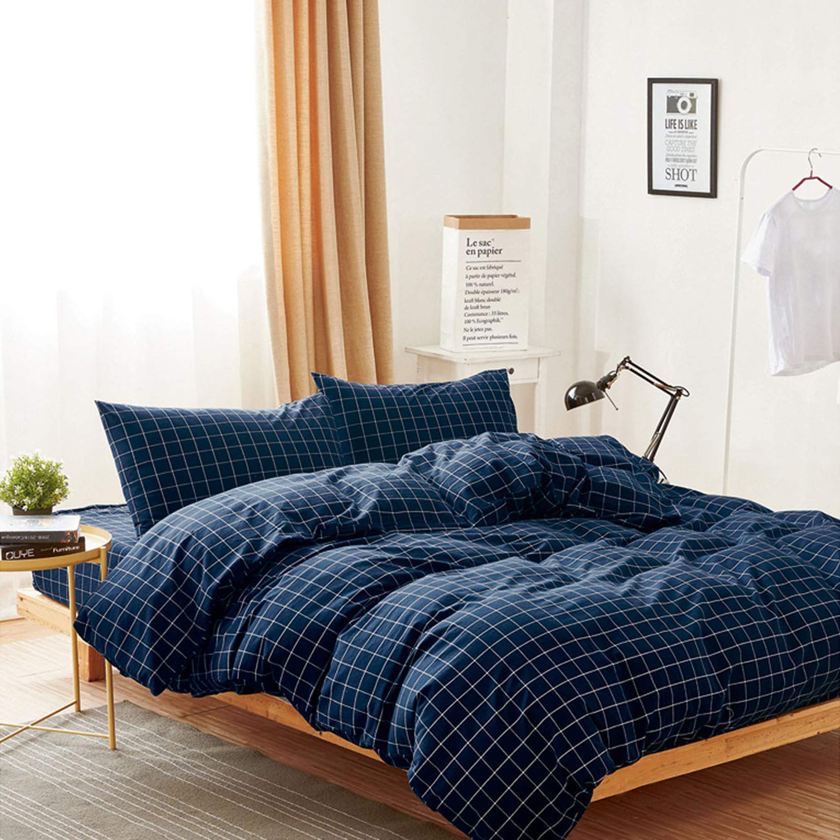 Wake In Cloud - Grid Cotton Duvet Cover Set, Plaid Checkered Geometric Farmhouse, 100% Washed Cotton Textured Percale Bedding Set, 3 Pieces, Navy Blue, Twin Size