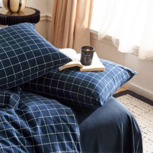 Wake In Cloud - Grid Cotton Duvet Cover Set, Plaid Checkered Geometric Farmhouse, 100% Washed Cotton Textured Percale Bedding Set, 3 Pieces, Navy Blue, Twin Size