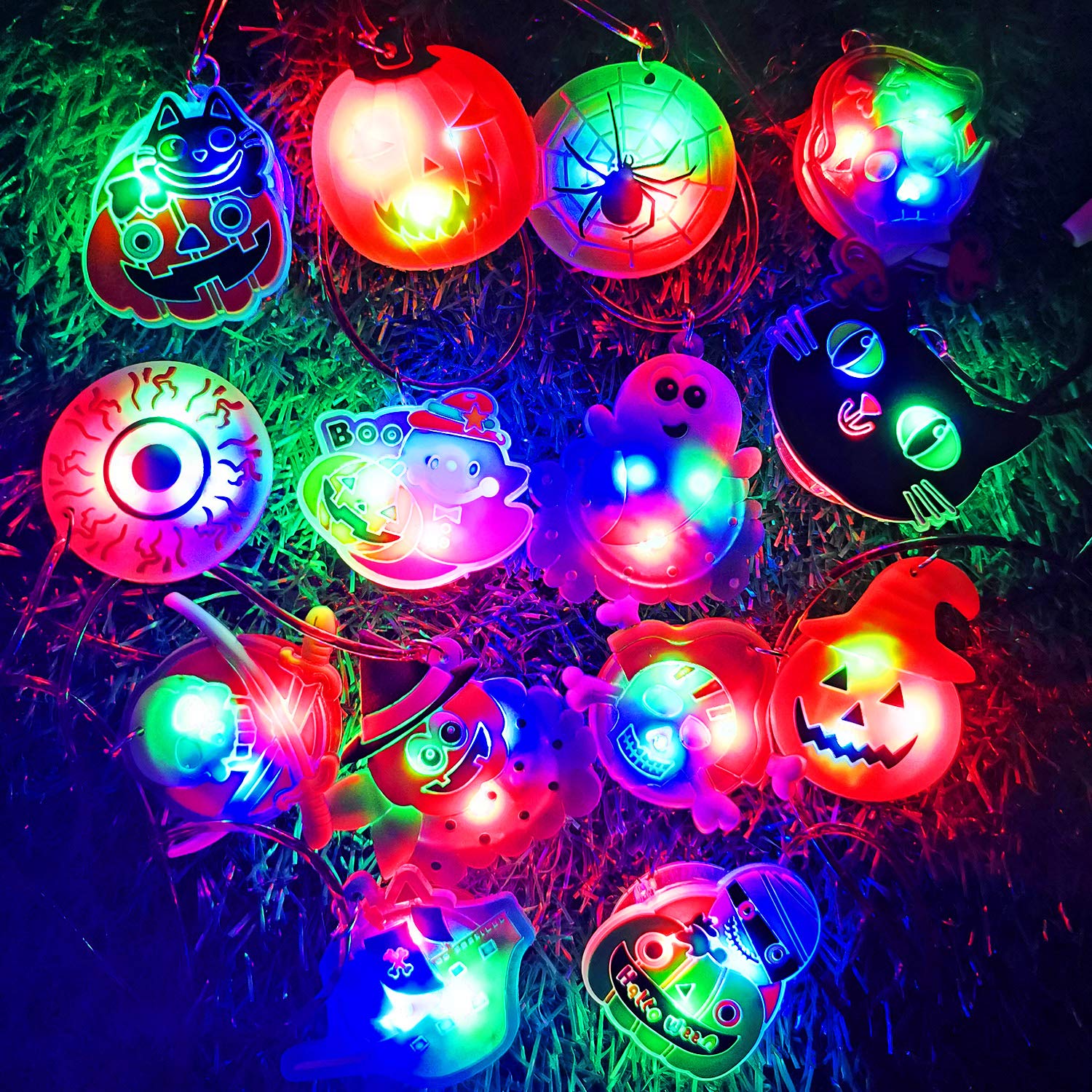 Halloween Lights- 24 pcs Halloween LED Necklace Bracelets Pumpkin Ghost Pirate Spider Eyeball Halloween Party Favor Light up Flashing Decoration Trick Treats Gift Bag Fillers for Women Men Family Pack